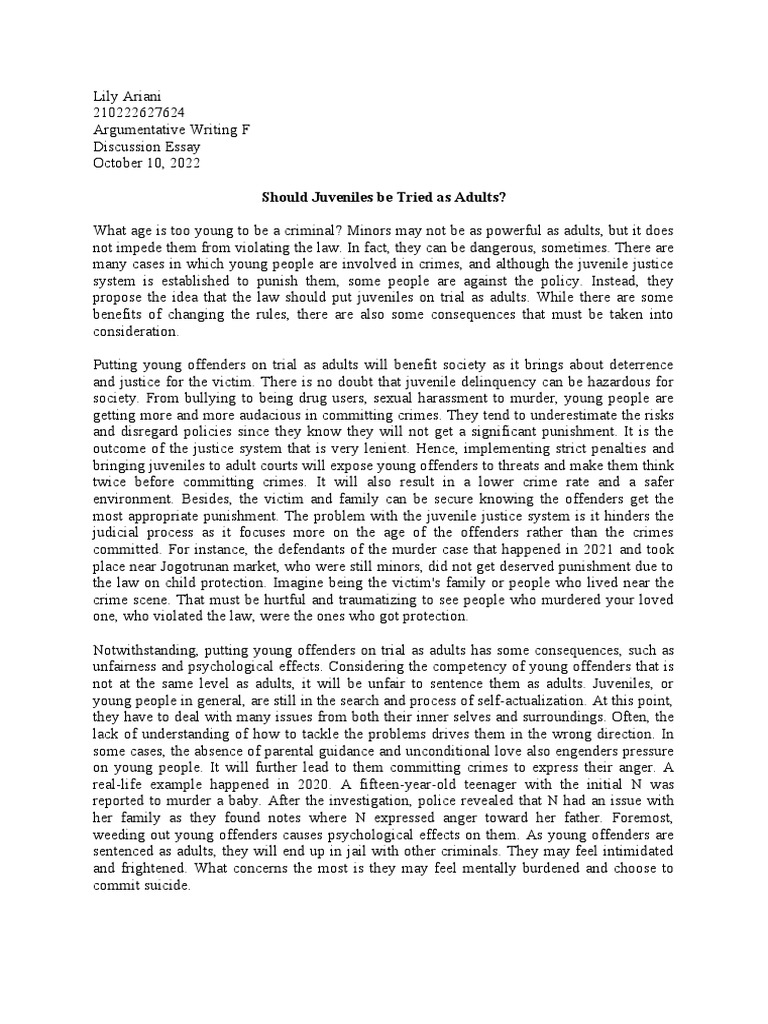 Should Juvenile Be Tried As Adults Pdf Juvenile Delinquency Crimes