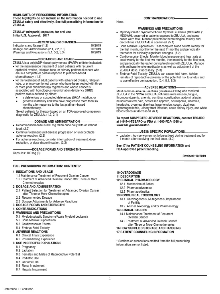 Zejula USPI October 2019 (2) | PDF | Clinical Medicine | Diseases And ...