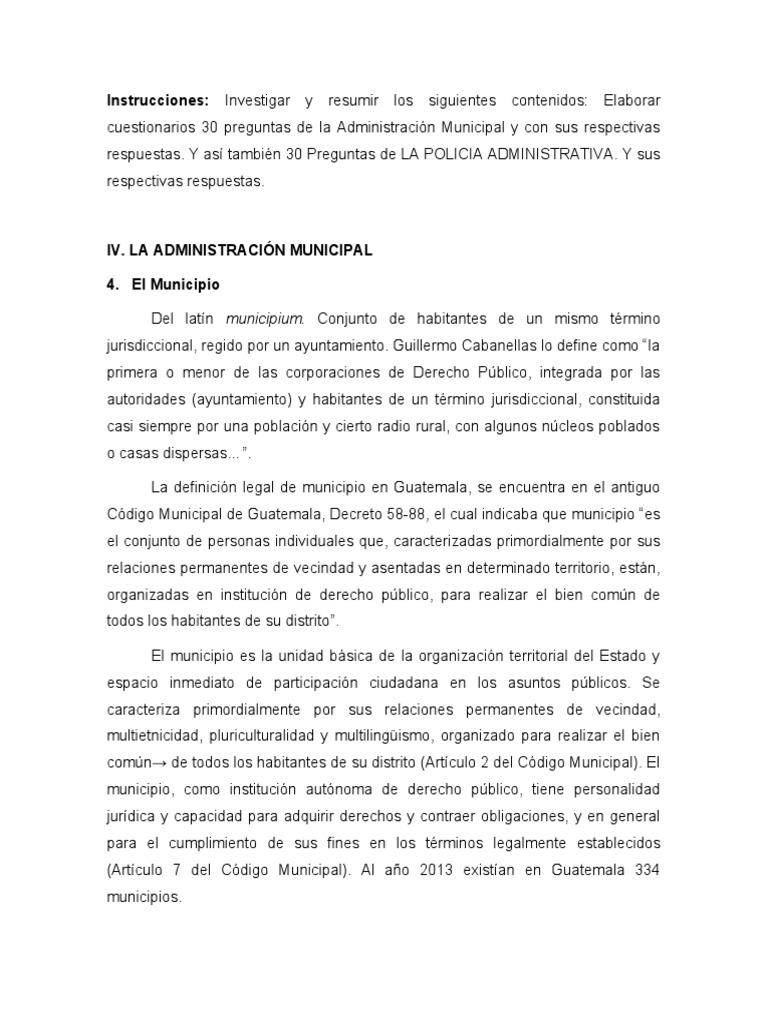 Análisis De La Administración Municipal Y La Policía Administrativa En Guatemala Cuestionarios