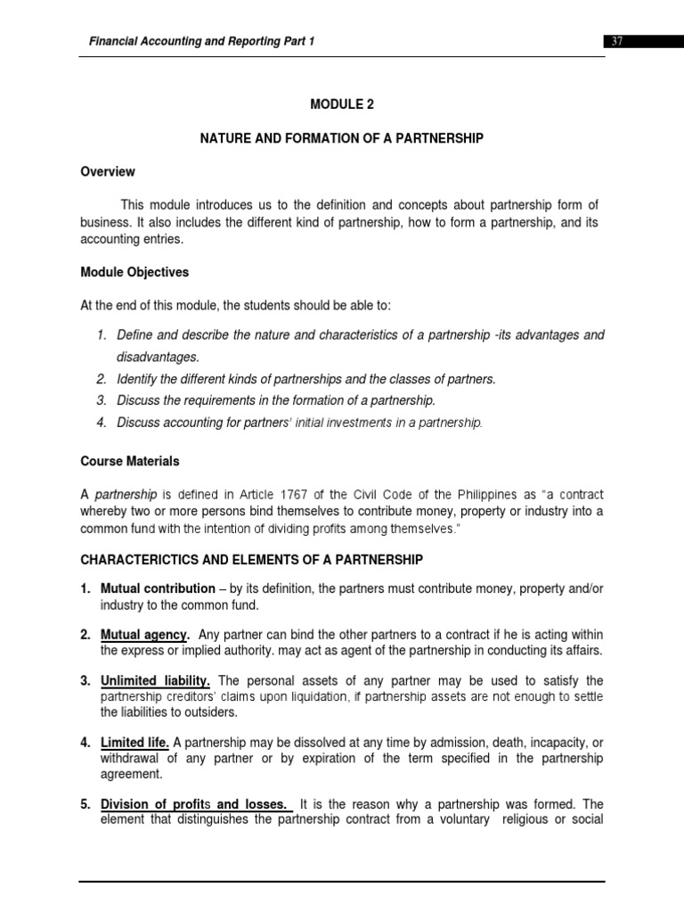 Financial Accounting and Reporting Part 1: Nature and Formation of a Partnership | PDF | Debits ...