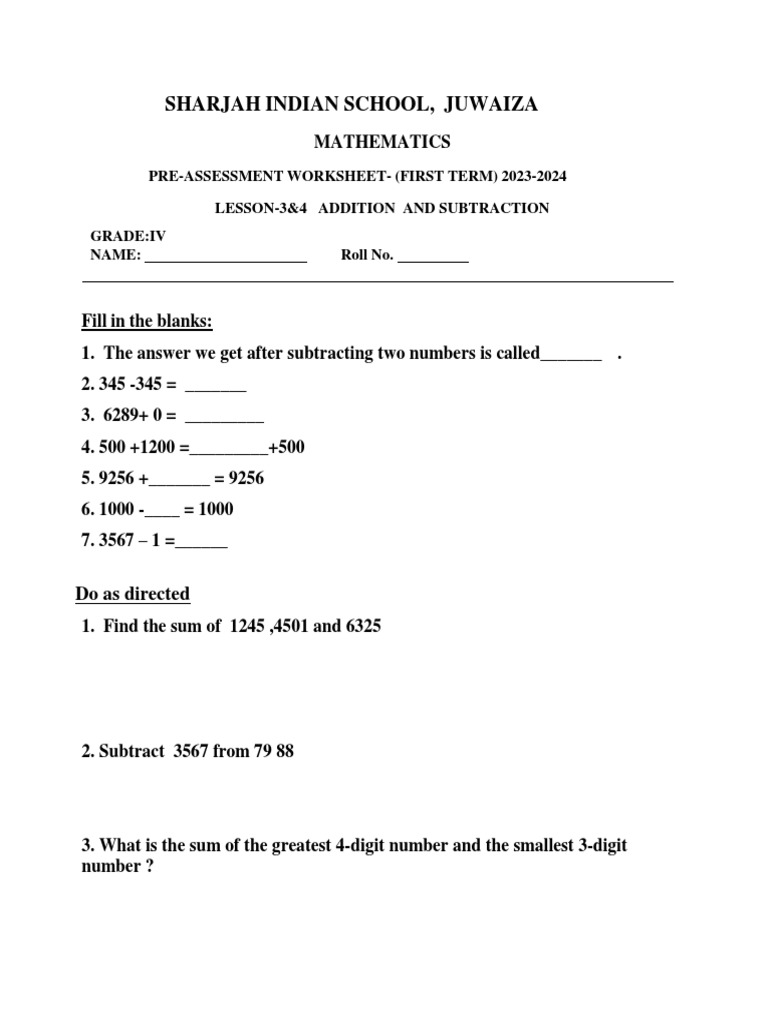 Gr-4 Lesson-3 &4 Addition and Subtraction Pre-Assessment Worksheet PDF ...