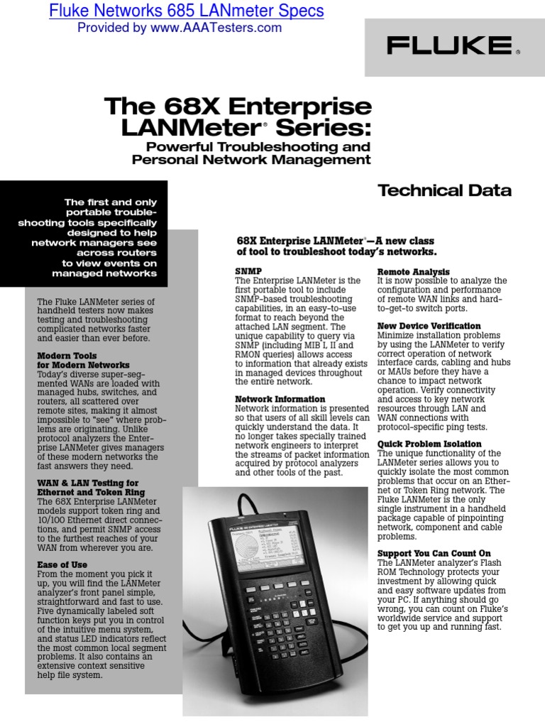 Fluke Networks 685 Lanmeter Specifications Spec Sheet 1h19 PDF | PDF
