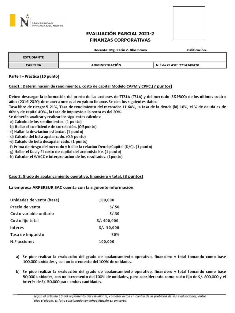 Examen Parcial Finanzas Corporativas | PDF