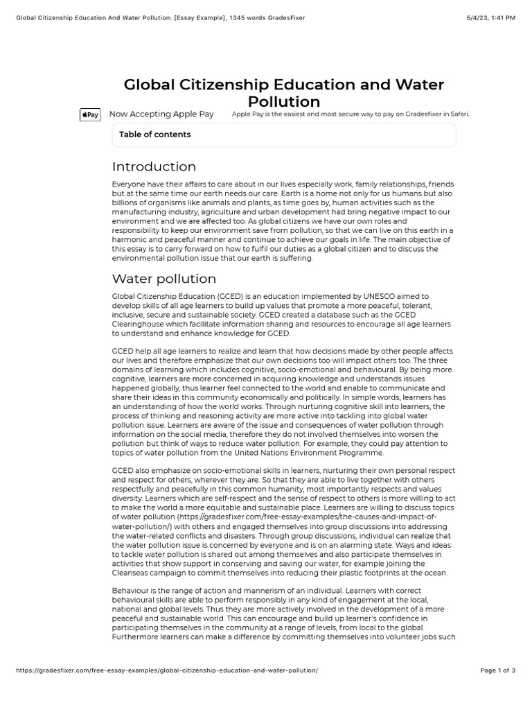 Global Citizenship Education And Water Pollution: [Essay Example], 1345 ...