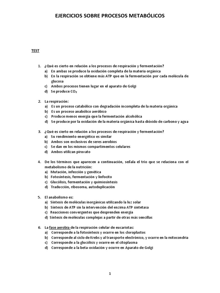 Ejercicios Sobre Procesos Metabolicos | PDF