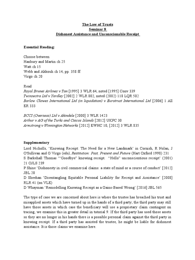 Dishonest Assistance in Trusts | PDF | Trust Law | English Trust Law