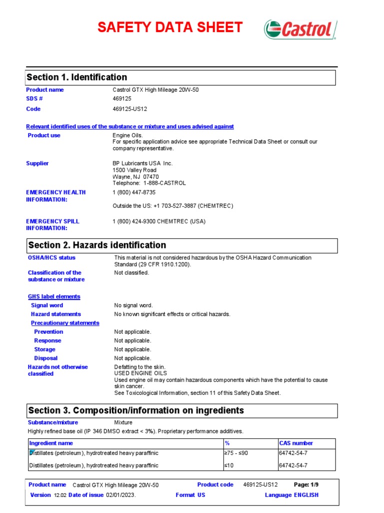 Safety Sheet Castrol 20W50 PDF | PDF | Waste | Waste Management