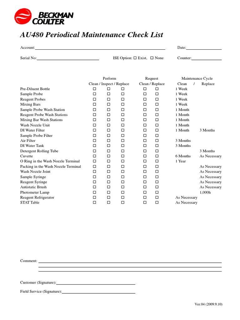 AU480 Customer Periodic Maintenance Check List | PDF | Tools | Manufactured Goods