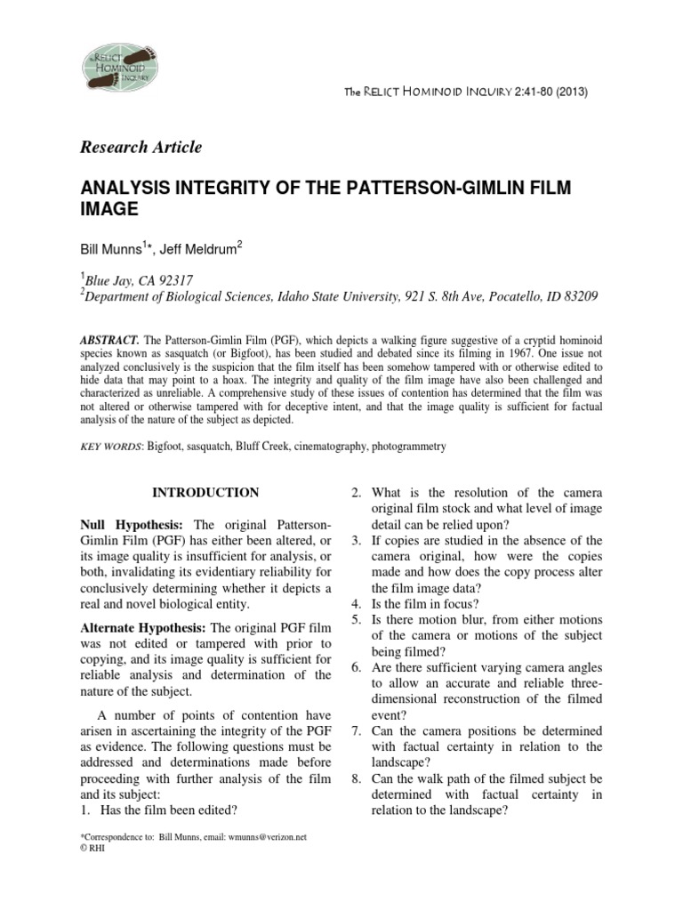 ANALYSIS INTEGRITY OF THE PATTERSON GIMLIN FILM IMAGE - Final PDF | PDF ...