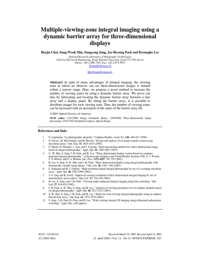Multiple-Viewing-Zone Integral Imaging Using A Dynamic Barrier Array For Three-Dimensional ...
