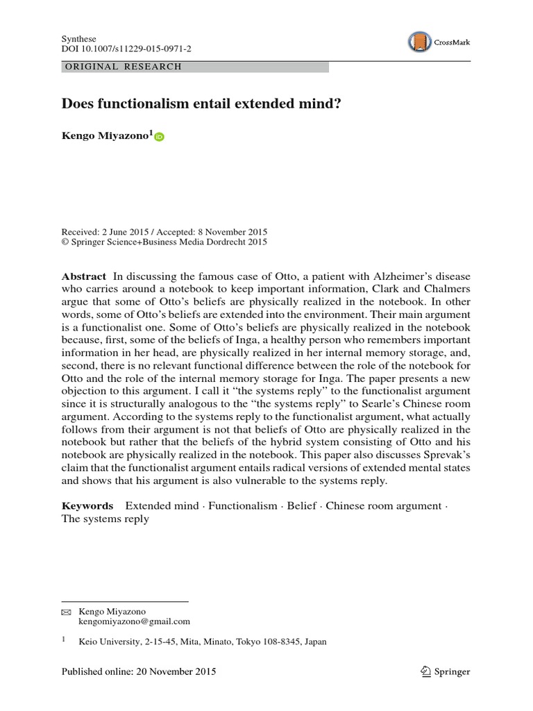 Does Functionalism Entail Extended Mind - Miyazono2015 PDF | PDF