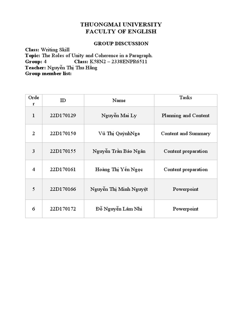 The Roles Of Unity And Coherence In A Paragraph Finished Pdf