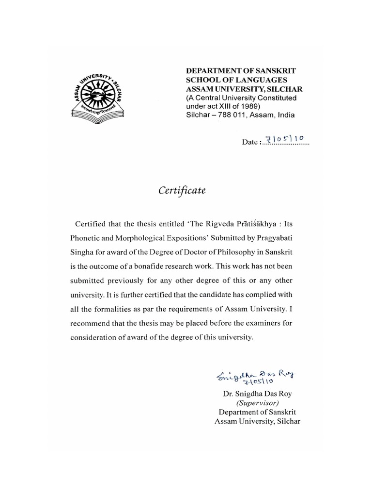 Rigveda Pratisakhya PhD Thesis Certification | PDF