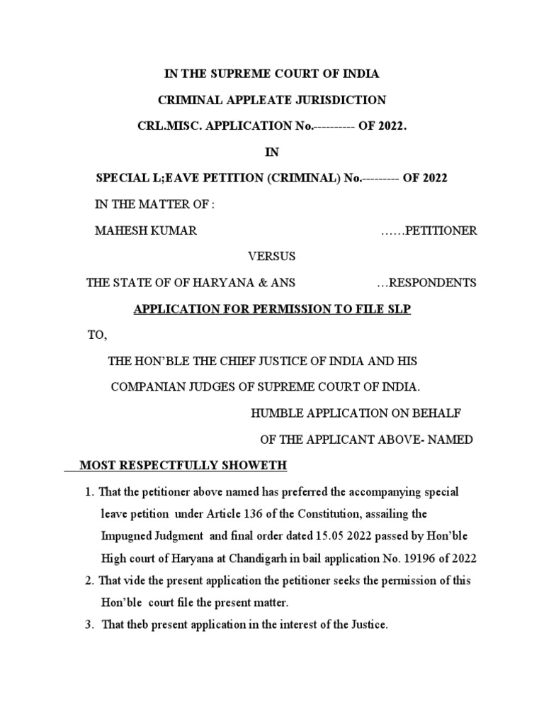 Application For Permission To File SLP | PDF