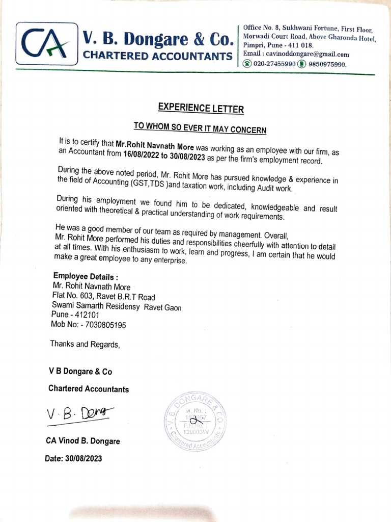 ROHIT MORE CA EXPERIENCE CERTIFICATE | PDF