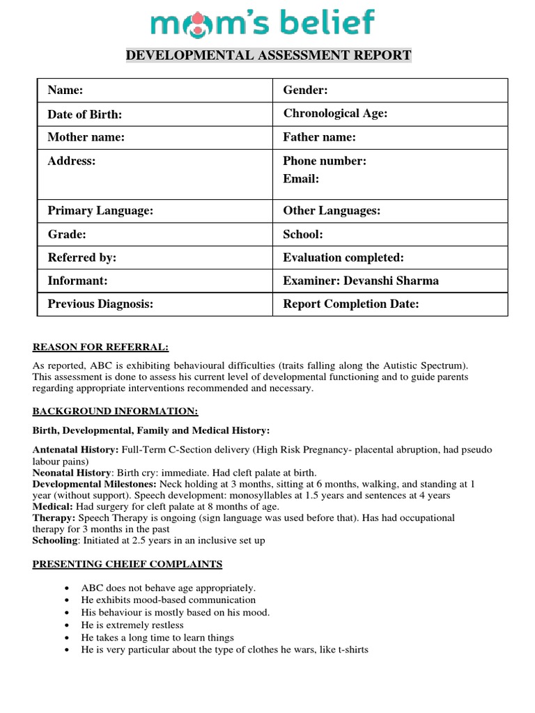 Developmental Assessment Report Sample MB PDF | PDF