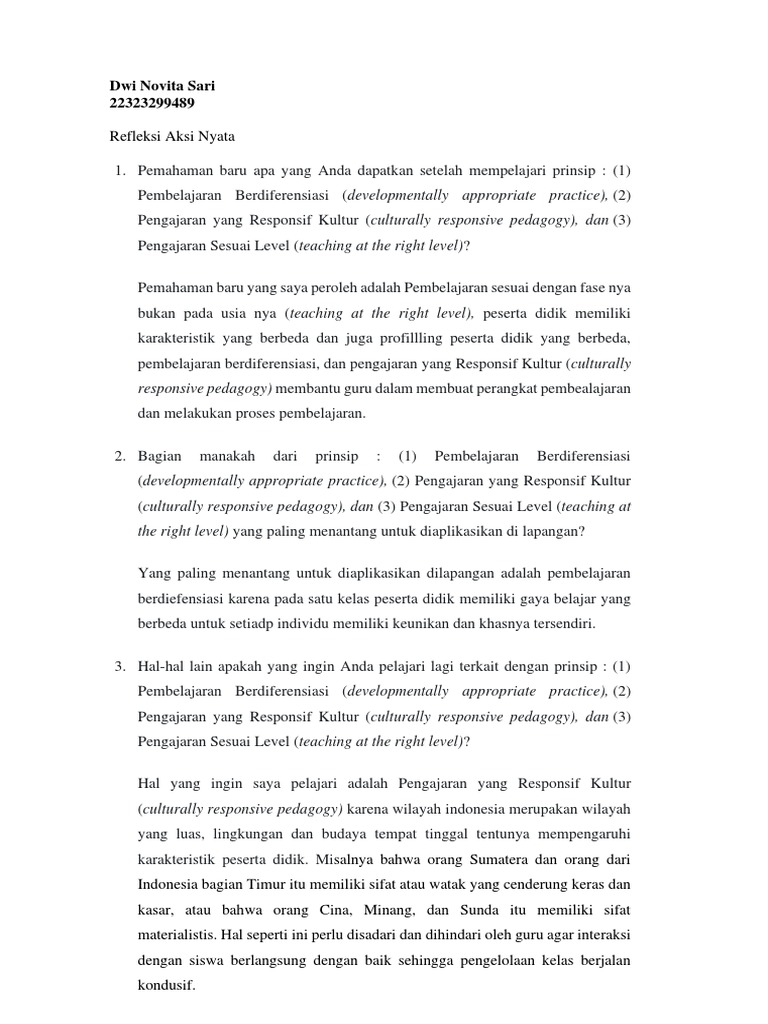 Dwi Novita Sari - T4 - Refeleksi Dan Rencana Aksi Nyata PDF | PDF
