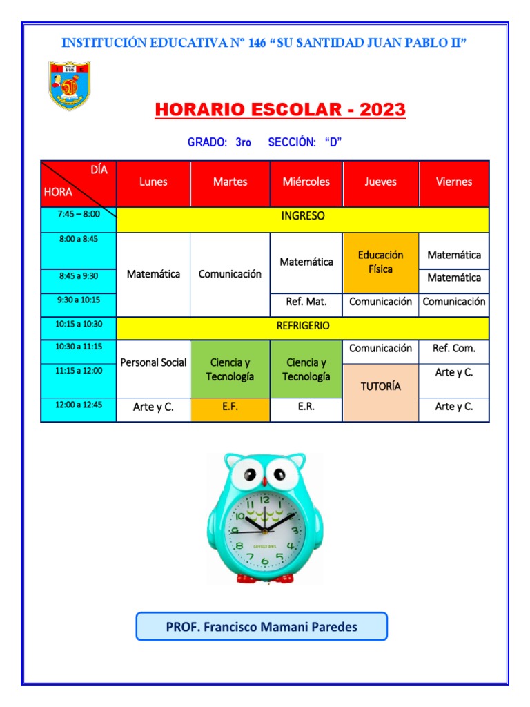 Horario Escolar 3° Grado Primaria 2023 | PDF