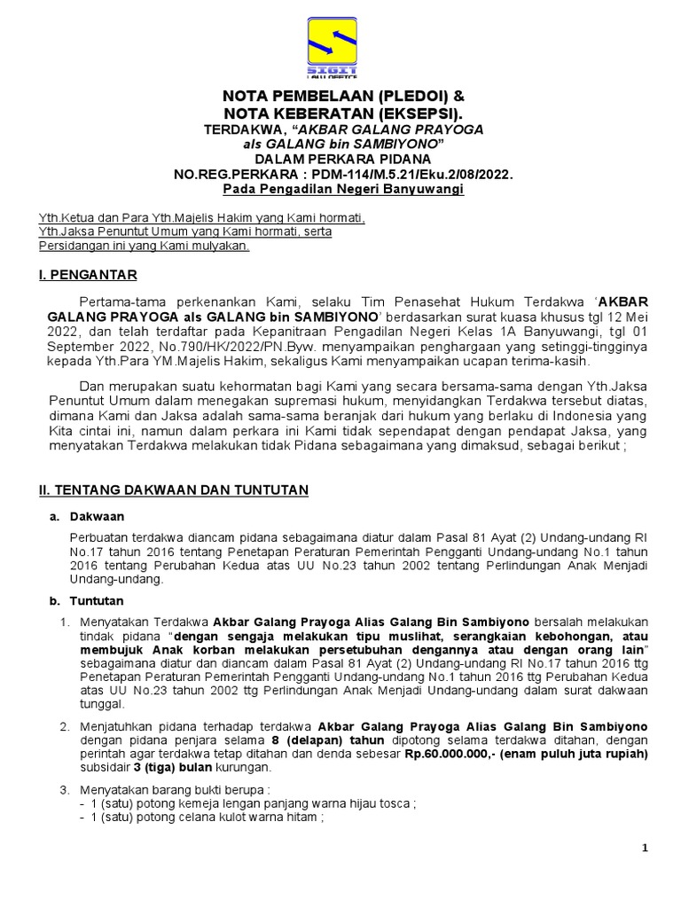 NOTA Pembelaan Keberatan Akbar Galang - Pencabulan | PDF