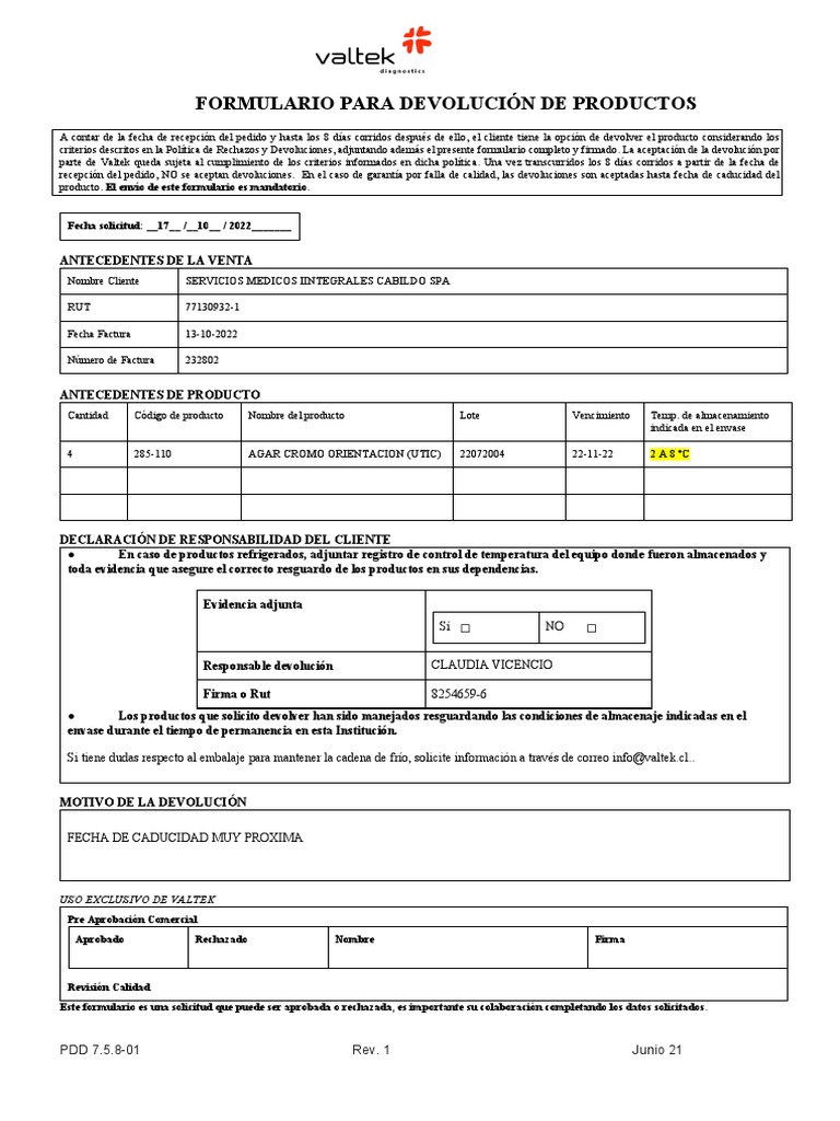 Formulario Solicitud Devolución de Productos. VALTEK PDF | PDF