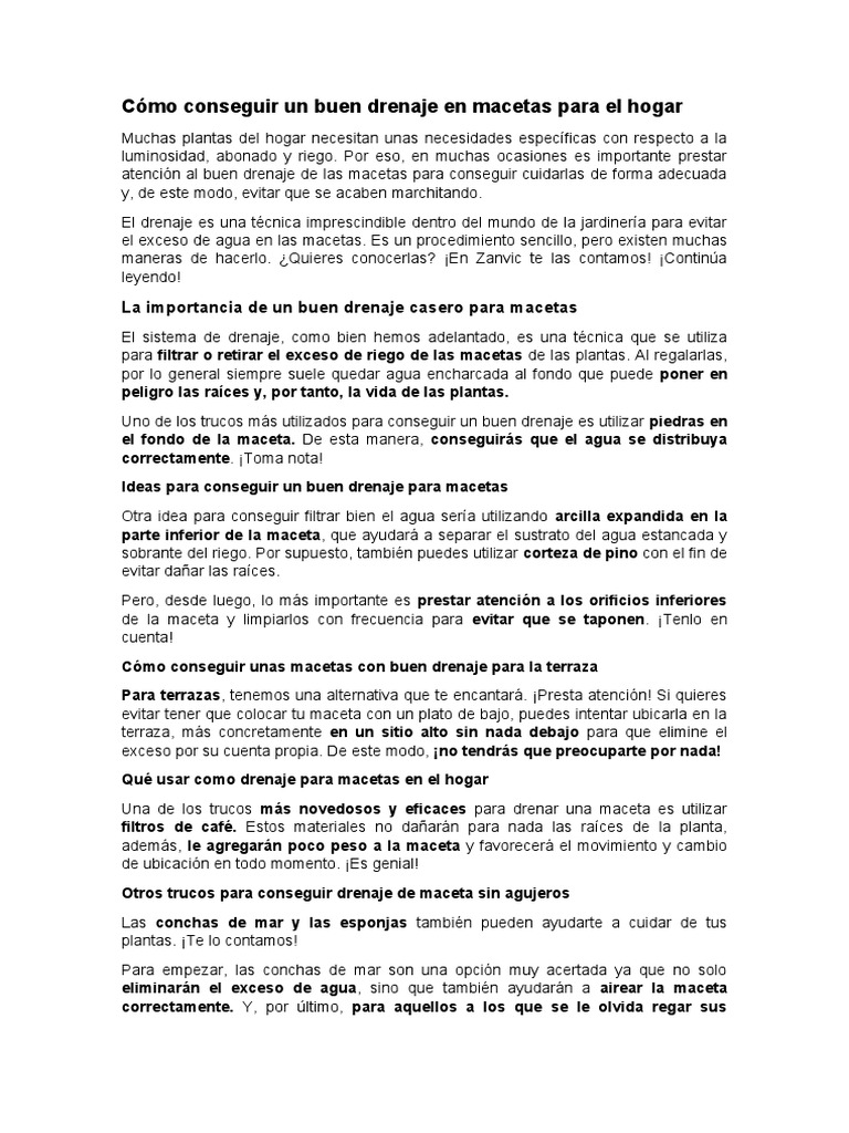 Cómo Conseguir Un Buen Drenaje en Macetas para El Hogar | PDF | Riego Cómo Conseguir Un Buen Drenaje en Macetas para El Hogar | PDF | Riego