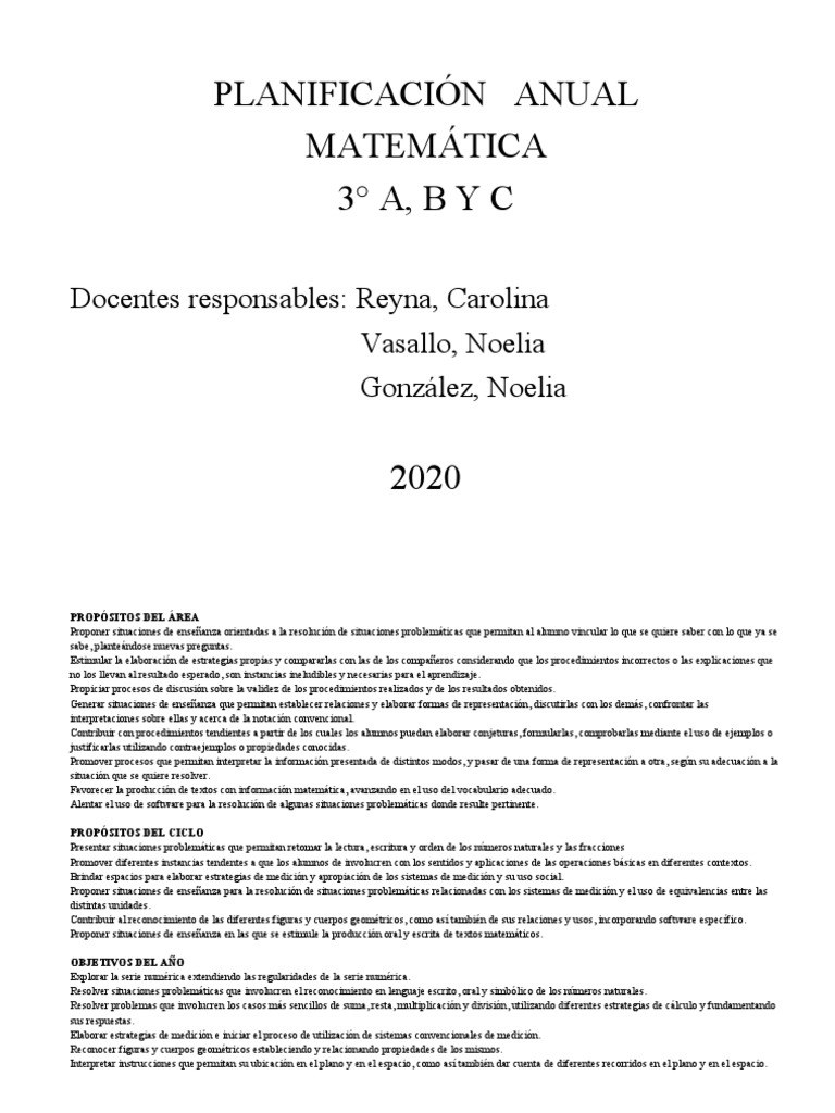 Planificacion Anual de Matematica 2020 3° | PDF
