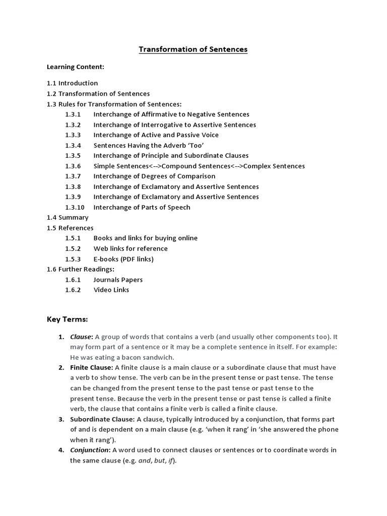 Transformation of Sentences PDF | PDF