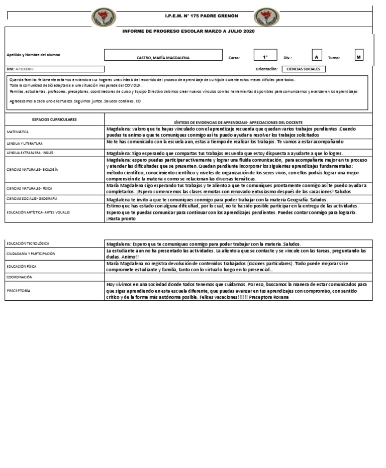 Informe de progreso escolar de María Magdalena Castro del primer año de ...