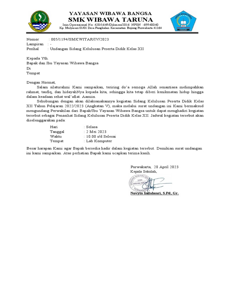 Surat Undangan Sidang Kelulusan Yayasan Wibawa Bangsa 2023 | PDF