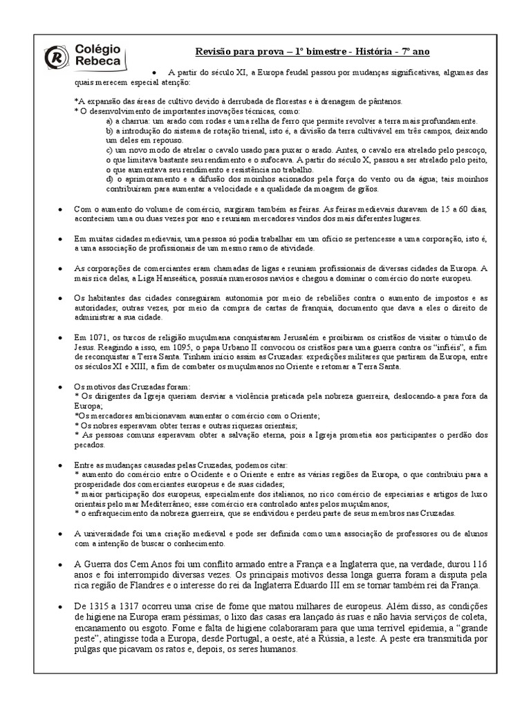 Revisão para Prova - 1º Bimestre - História - 7º Ano | PDF | Cruzadas | Império Bizantino