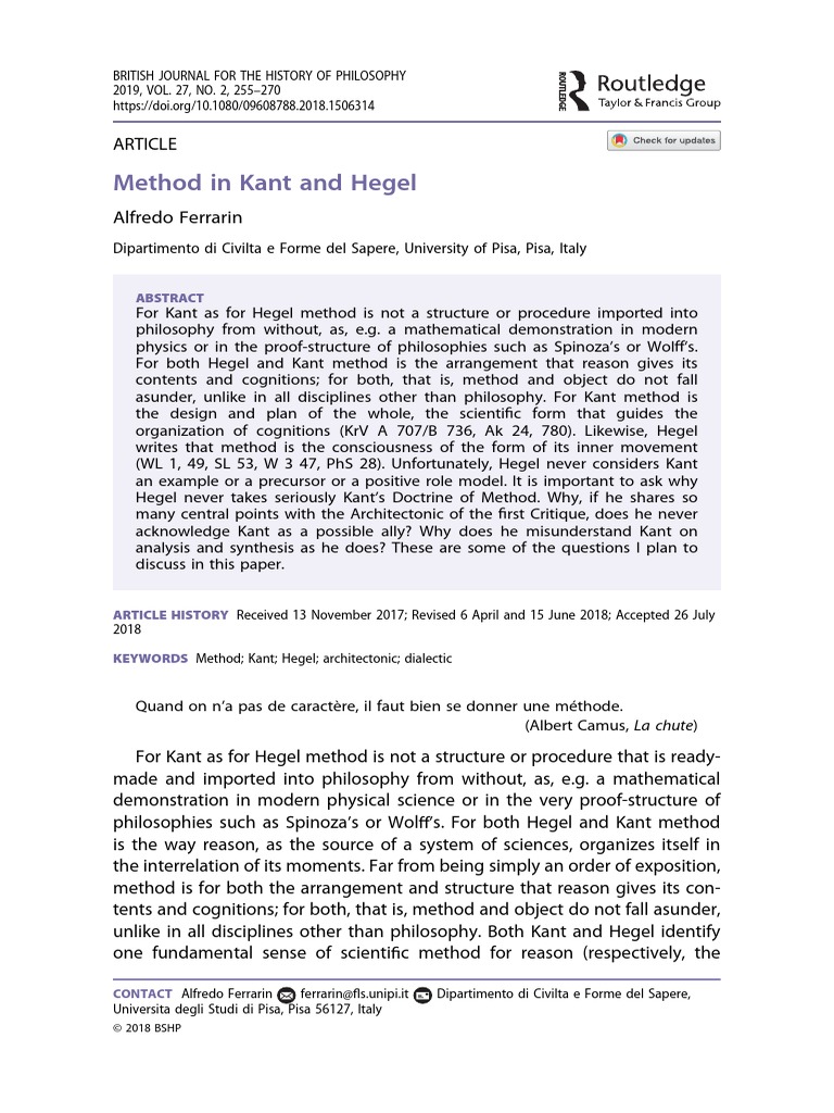 Ferrarin (2019) Method in Kant and Hegel PDF | Download Free PDF | Immanuel Kant | Georg Wilhelm ...