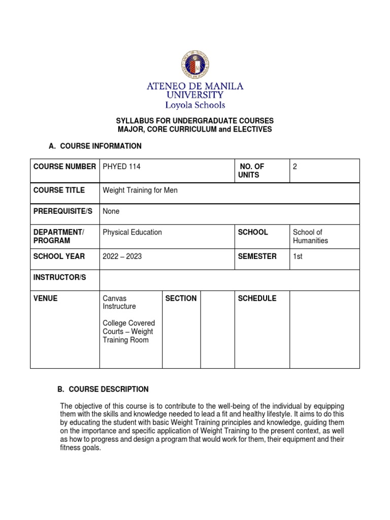 Phyed 114 (Weight Training) Syllabus - Ateneo de Manila | PDF