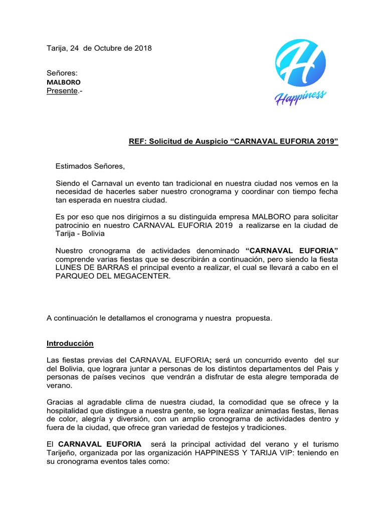 Propuesta de auspicio para el evento Carnaval Euforia 2019 en Tarija, Bolivia | PDF