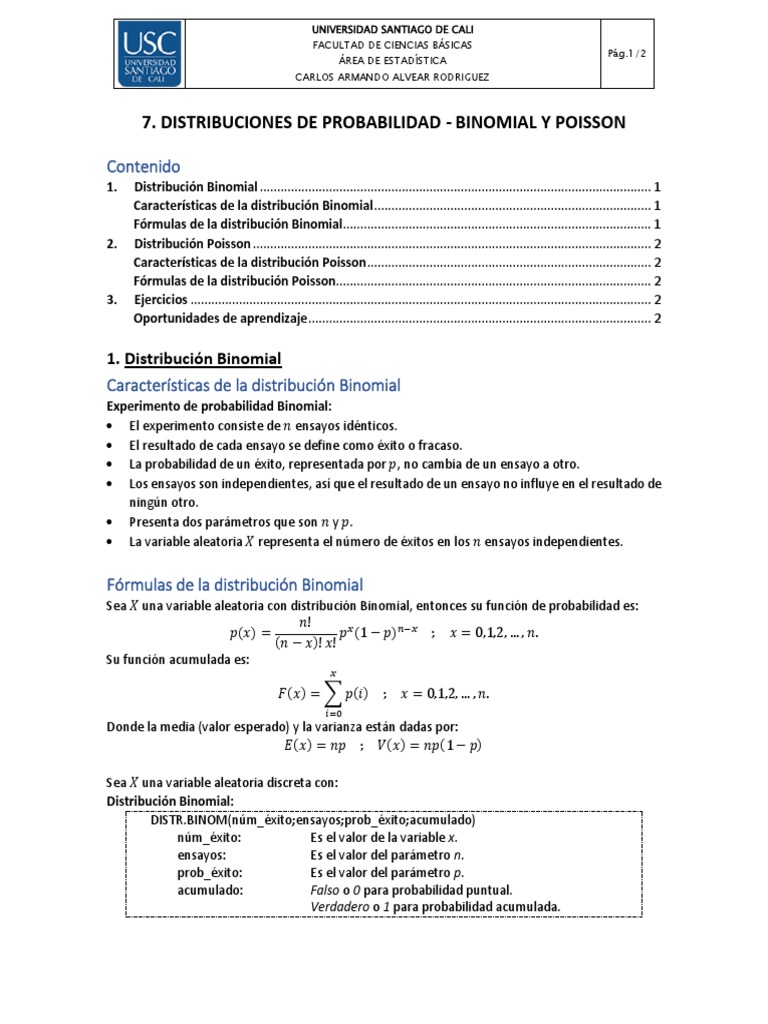 7. Guía - Distribuciones de probabilidad - Binomial y Poisson.pdf | PDF | Enseñanza de ...