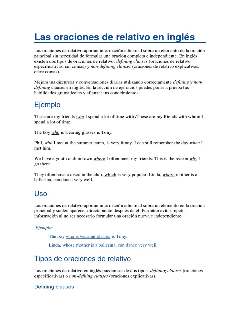 Oraciones de Relativo en Inglés: Tipos y Uso | PDF