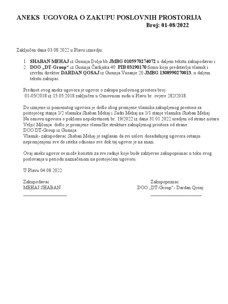 Aneks Ugovora o Zakupu Poslovnih Prostorija | PDF