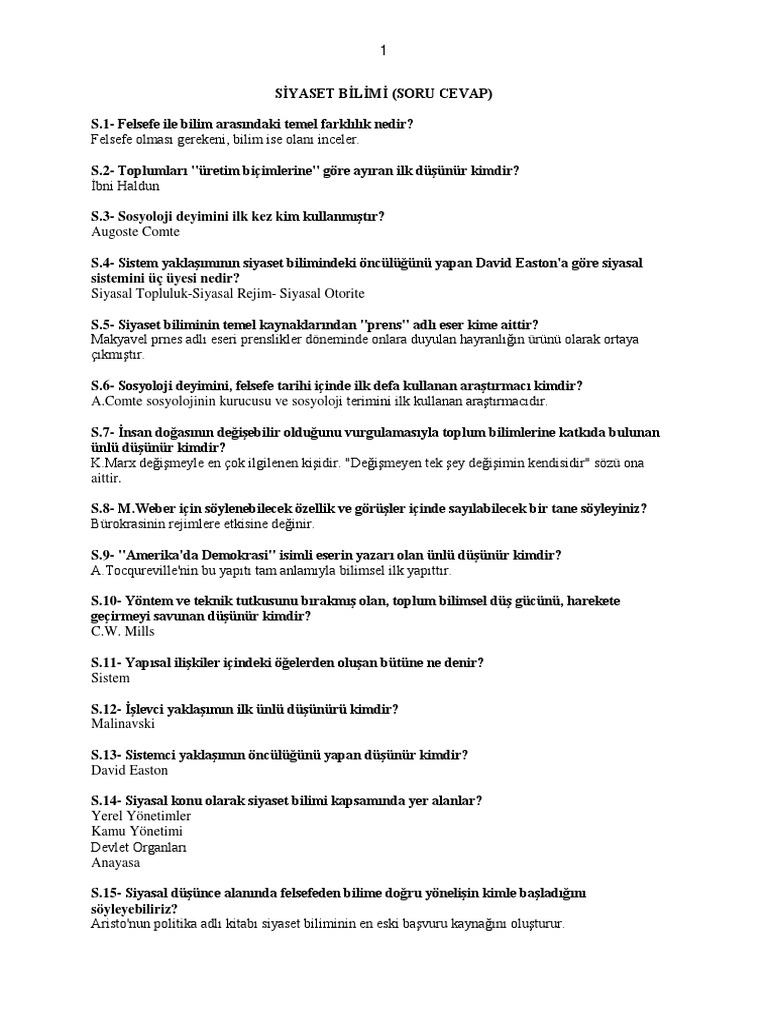 Siyaset Bilimi Soru-Cevap PDF | PDF