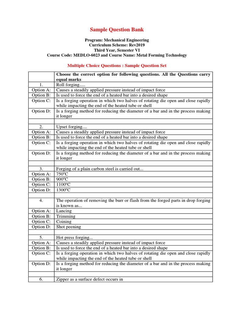 R19 - Mech - Metal Forming Technology - Sample Questions Bank PDF | PDF