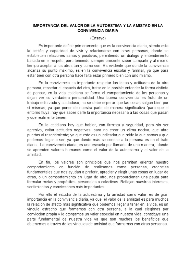 Importancia Del Valor de La Autoestima y La Amistad en La Convivencia ...