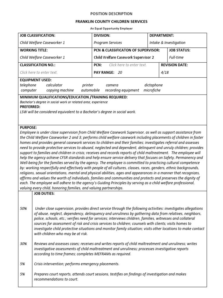 Child Welfare Caseworker Position Description | PDF
