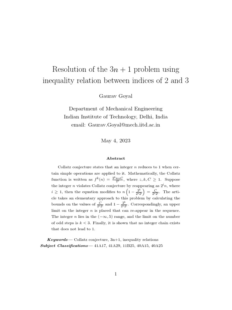 Resolution of The 3n 1 Problem Using Ine | PDF | Mathematics | Mathematical Concepts