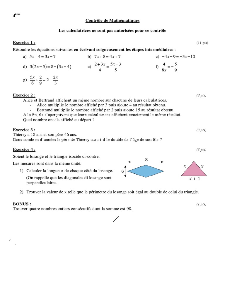Contrôle de Mathématiques 4ème | PDF