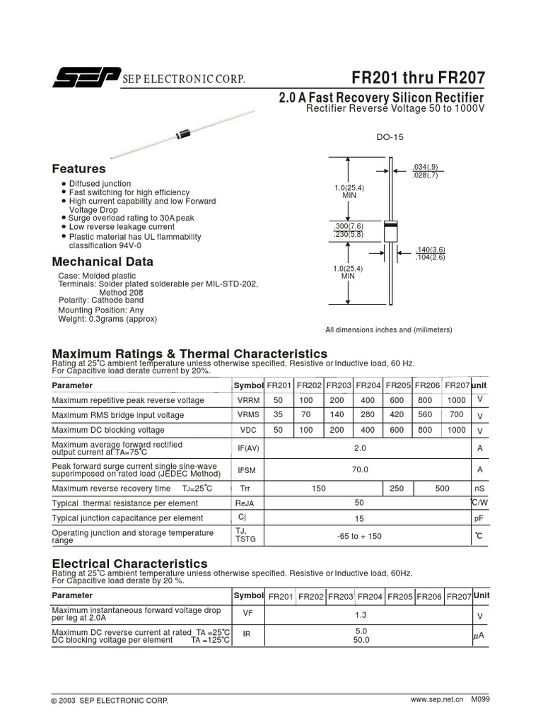 FR201 Thru FR207: 2.0 A Fast Recovery Silicon Rectifier | Download Free ...