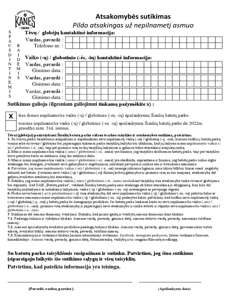 BATUTU PARKAS Atsakomybės sutikimasNAUJAS - Nepilnamecio Iki 2022 PDF | PDF