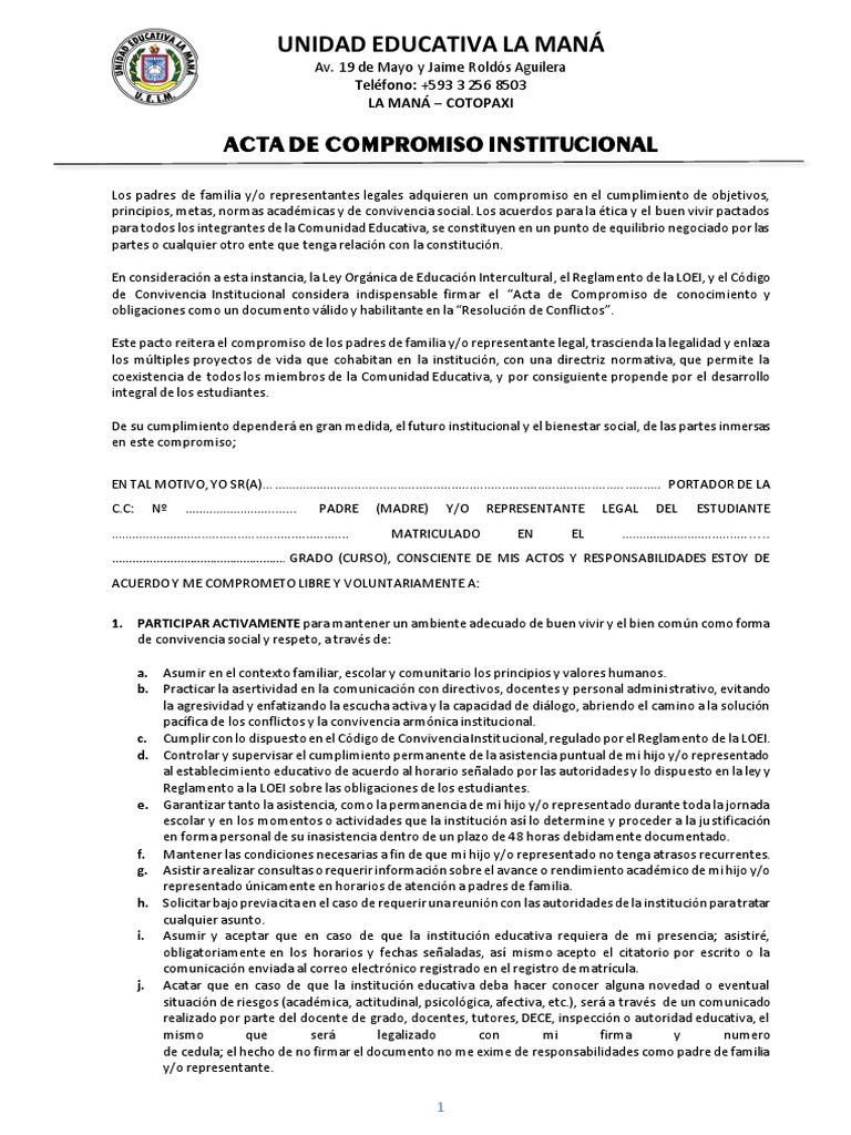 Acta de Compromiso Institucional UELM 2023-2024 PDF | PDF