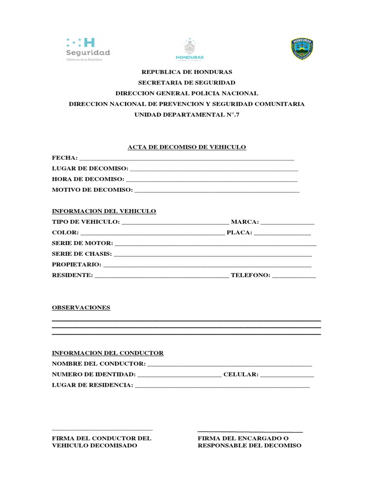 Acta de Decomiso de Vehiculo PDF | PDF