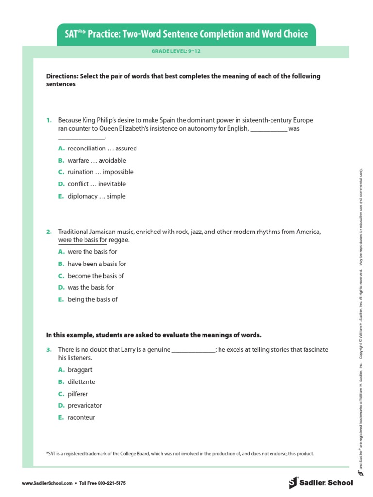 SAT Practice Sentence Completion Worksheets PDF | PDF | Entertainment