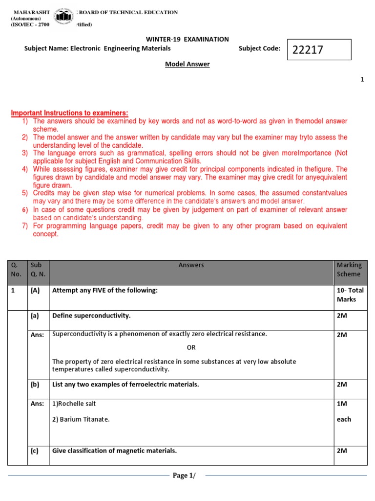 Important Instructions To Examiners:: Q. No. Sub Q. N. Answers Marking ...