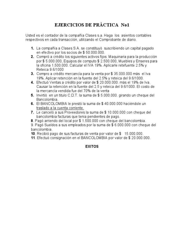 EJERCICIOS DE ASIENTOS CONTABLES No1 | PDF