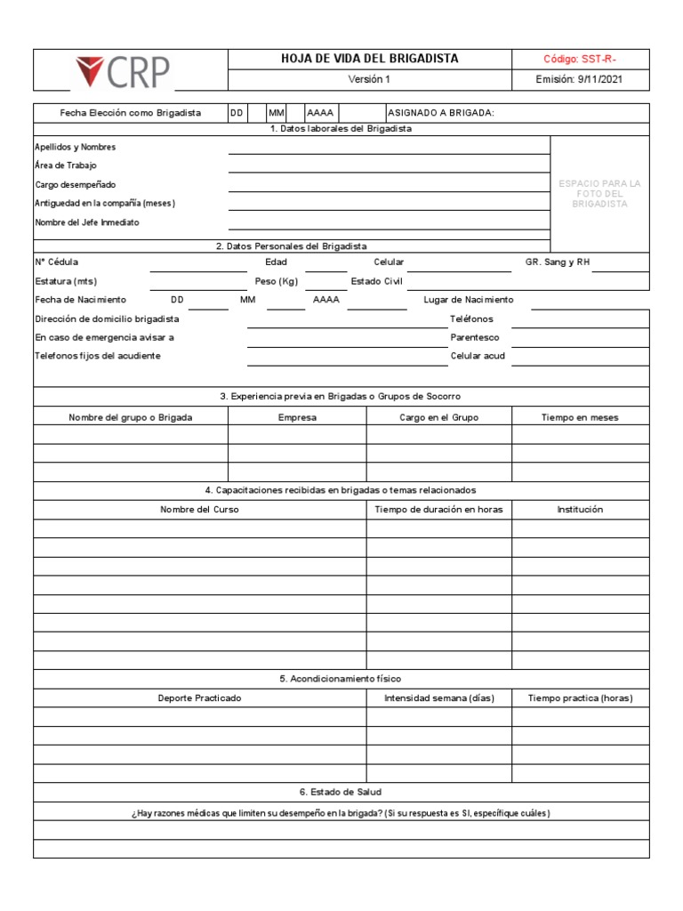 Formato Hoja de Vida Del Brigadista CRP | PDF